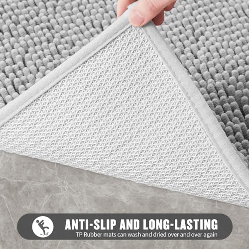 MitoVilla Light Grey Bathroom Rugs, Soft Chenille Small Bath Mats for Bathroom Non Slip, Thick Washable Plush Bath Rugs, Modern Absorbent Shower Bathroom Floor Mat, 17" x 24"