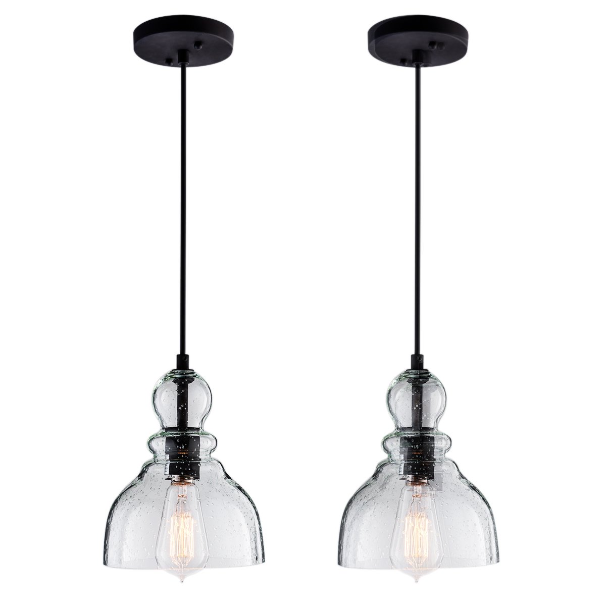 LANROS Farmhouse Kitchen Pendant Lighting with Handblown Clear Seeded Glass Shade, Adjustable Cord Mini Ceiling Light Fixture for Kitchen Island Sink, Matte Black Finish, 7inch, 2 Pack