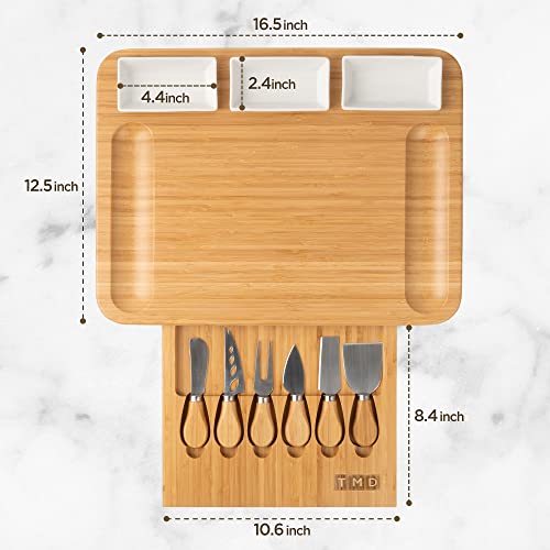 TMD Cheese Board and Knife Set β Cheese Board Set with 3 Ramekins β Beautiful Charcuterie Boards - Superb House Warming Gifts, New Home, Anniversary & Wedding Gifts for couples, Bridal Shower Gifts