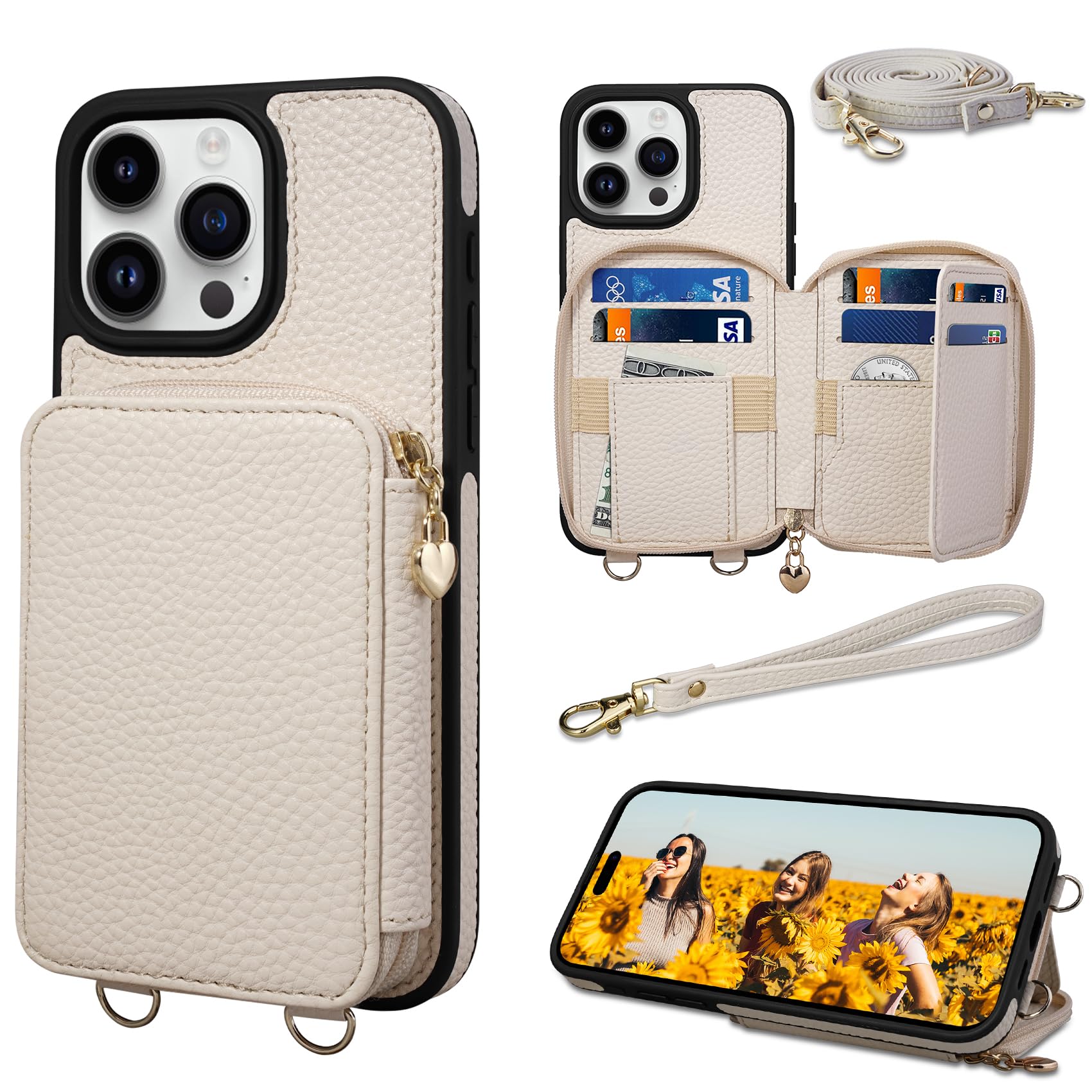 Keallce Compatible with iPhone 15 Pro Max 6.7 inch Case Wallet, Crossbody Zipper with RFID Blocking Card Slots Kickstand, Lanyard & Handstrap Flip Leather Cover for iPhone 15 Pro Max 2023, Beige