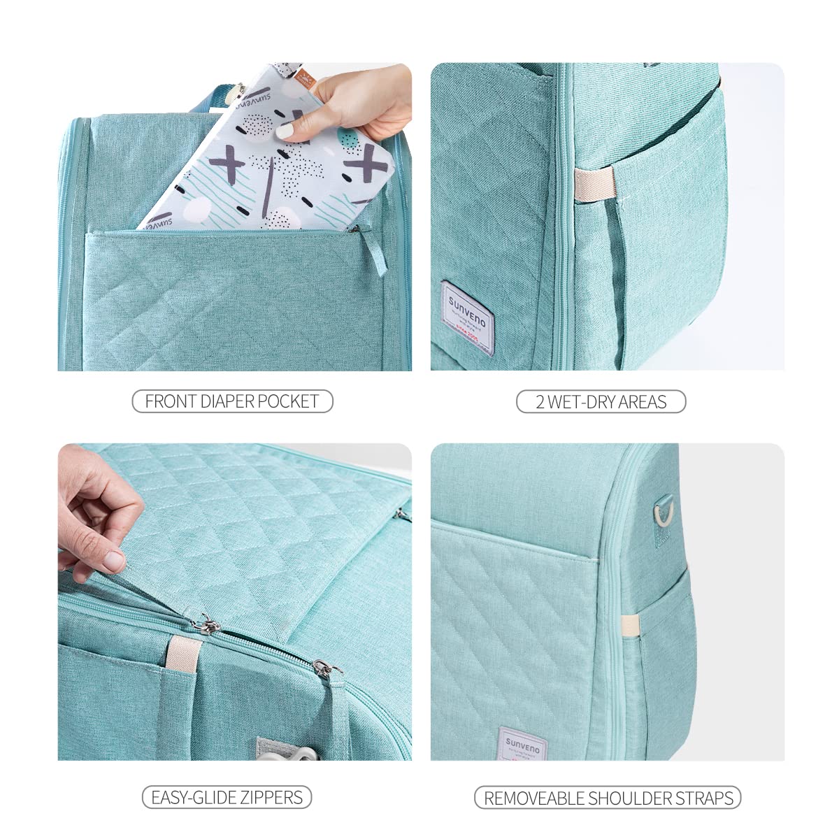 SUNVENO Baby Diaper Backpack Changing Station Bag, Multifunction Large Bags with Cotton Changing Pad, Stylish Travel Back Pack Bag for Moms Dads (Green)