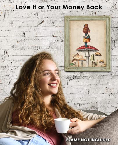 Whimsical Alice Atop Mushrooms Wall Art Print - 11x14 Unframed Picture For Home, Office, Classroom, Dorm, Living Room & Bedroom Decor - Creative Gift Idea For Alice Fans