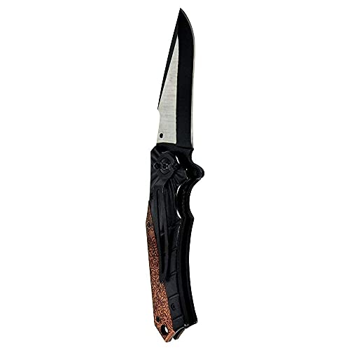 Spring Assisted Pocket Knife with Clip, Folding Pocket Knife - Decorative Metal and Wood Handle Grip