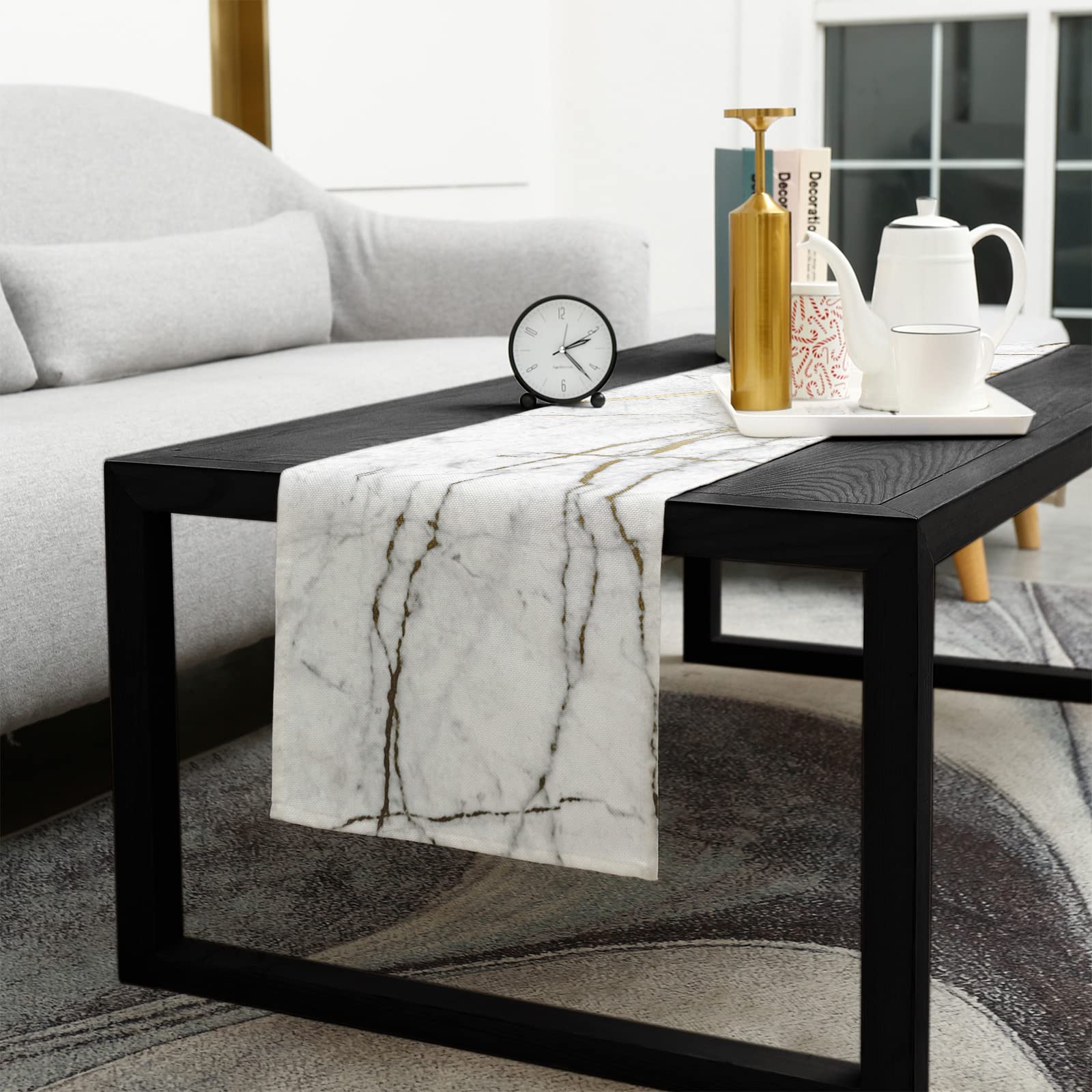 Marble Table Runner-Cotton linen-Long 120 inche White Gray Gold Dresser Scarves,Texture Tablerunner for Kitchen Coffee/Dining/Sofa/End Table Bedroom Home Living Room,Scarfs Decor for Holiday Dinner