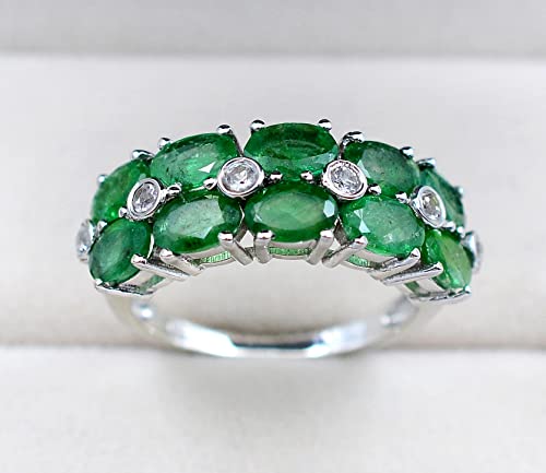 Natural 6X4 MM Zambian Emerald Oval Cut Gemstone 925 Solid Silver May Birthstone Cluster Unisex Ring For Wedding Gift (Yellow Gold Rhodium Plated Silver, 7)