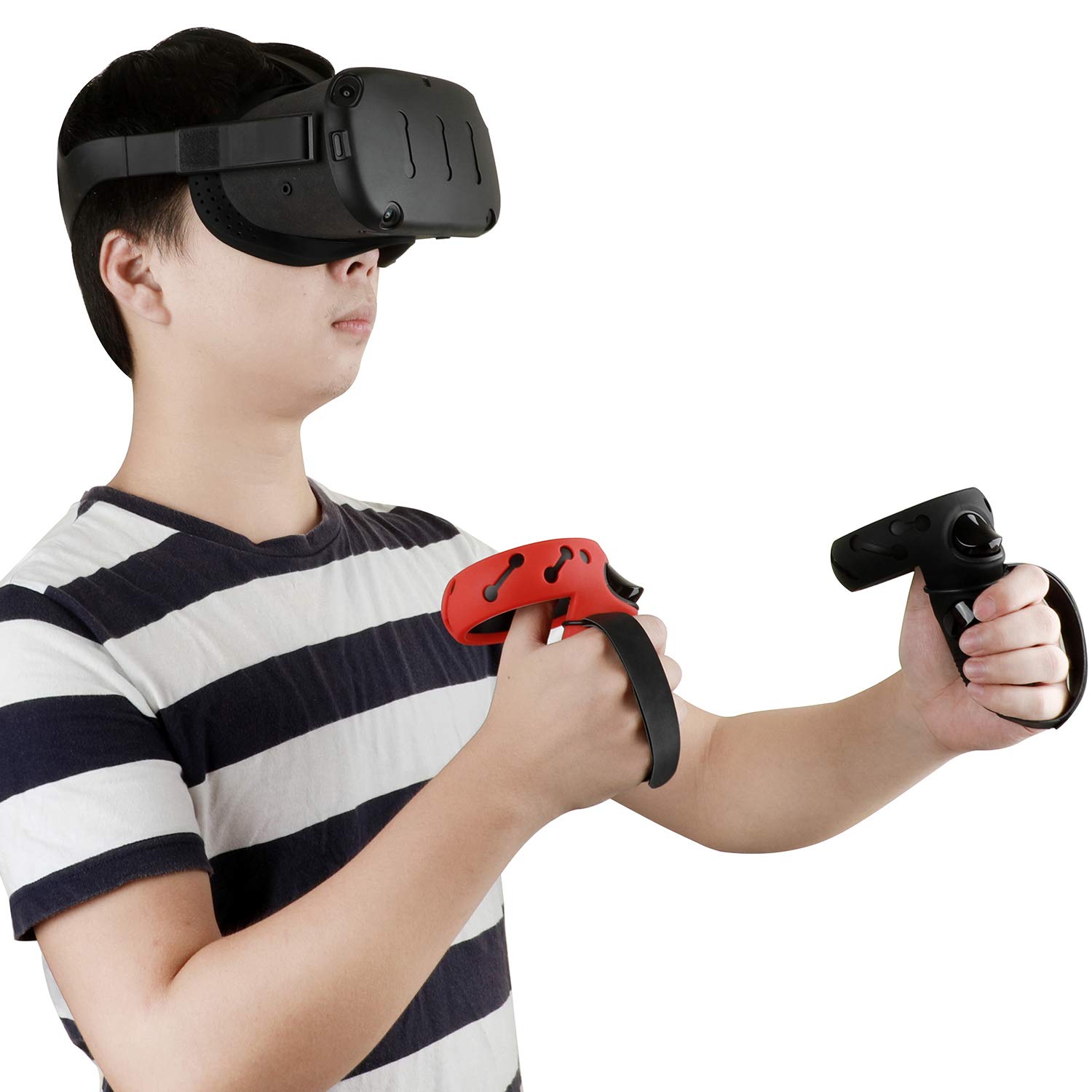 MASiKEN Upgrade VR Face Silicone Mask for Oculus Quest, Touch Controller Grip Cover Accessories, Knuckle Straps & Protector Cap, Sweatproof Comfortable (Black)