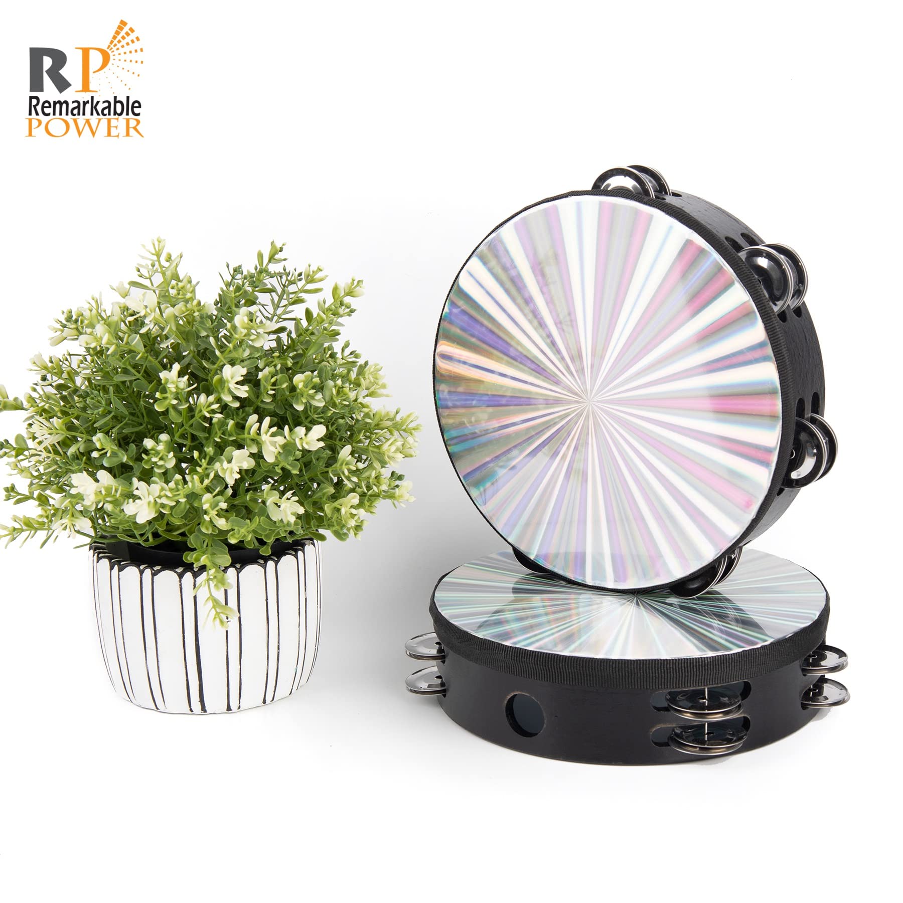 RP Remarkable Power, 2 Pack 8 Inch Radiant Tambourine Wooden Hand Held Drum Double Row Jingles Reflective for Church KYV Party