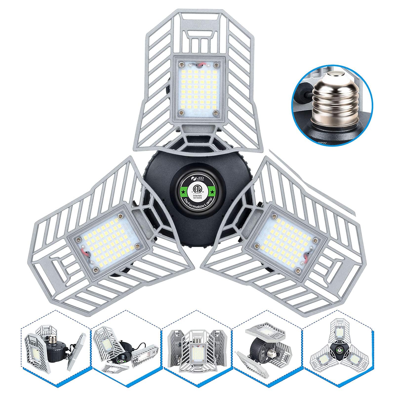KPBOTL Illuminator 360 Led Garage Light 60W Garage Light 6000LM Screw in Light Bulb 3 Panels Ceiling Light Fixture Deformable LED Shop Light Bulb Led Light for Garage Basement Workshop Attic Barn 1