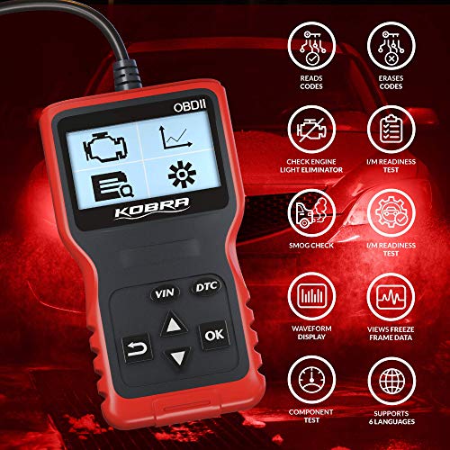 Kobra Newest Version OBD2 Scanner Car Code Reader - Universal Auto OBD Car Diagnostic Tools for All Cars, Automotive Check Engine Readers with Reset (Black and Red)