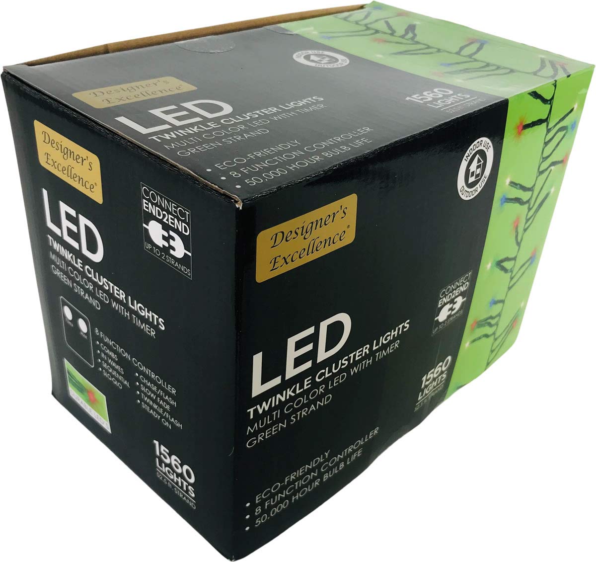 LED Twinkle Cluster Lights 52.5Ft Multi w/Green Strand Connect End to End Indoor Outdoor