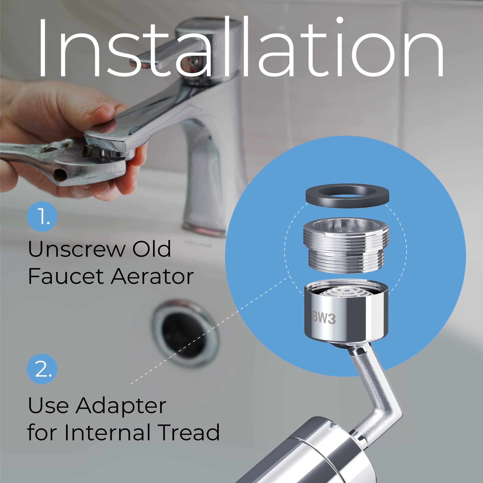 Swivel Sink Chrome Faucet Aerator for Face, Eyewash, and Gargle – 720 Degree Rotatable Sink Adapter Sprayer Attachment for Kitchen or Bathroom Male or Female Thread – Easy to Install