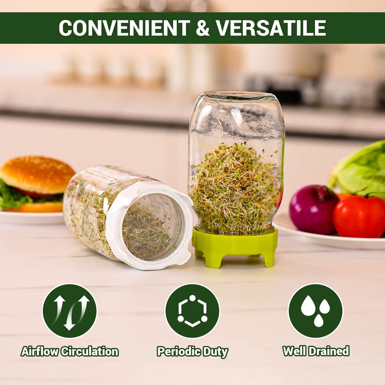 Sprouting Lids, Plastic Sprout Lid with Stainless Steel Screen for Wide Mouth Mason Jars, Germination Kit Sprouter Sprout Maker with Stand Water Tray Grow Bean Sprouts, Broccoli Seeds, Alfalfa, Salad