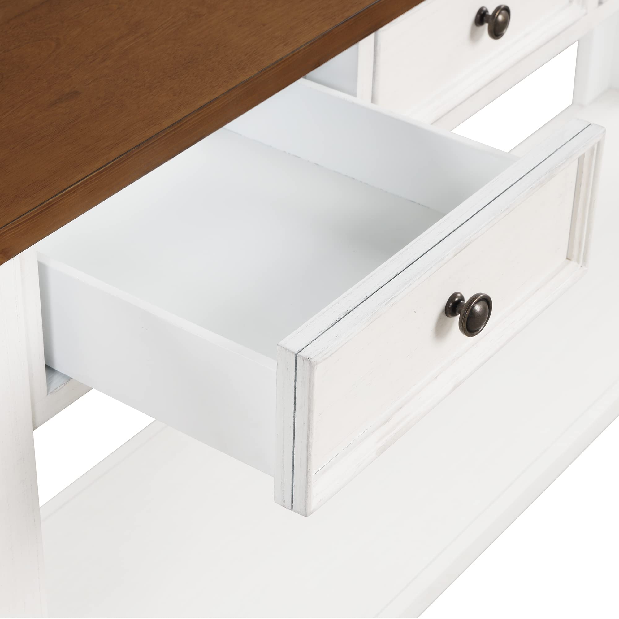 Lecafur HL 64" Entryway Console Table with 4 Drawers and Bottom Shelf Rustic Farmhouse Solid Wood Entryway Table Extra Long Sofa Table for Living Room Hallway Bedroom Foyer(Antique White+ Brown Top)