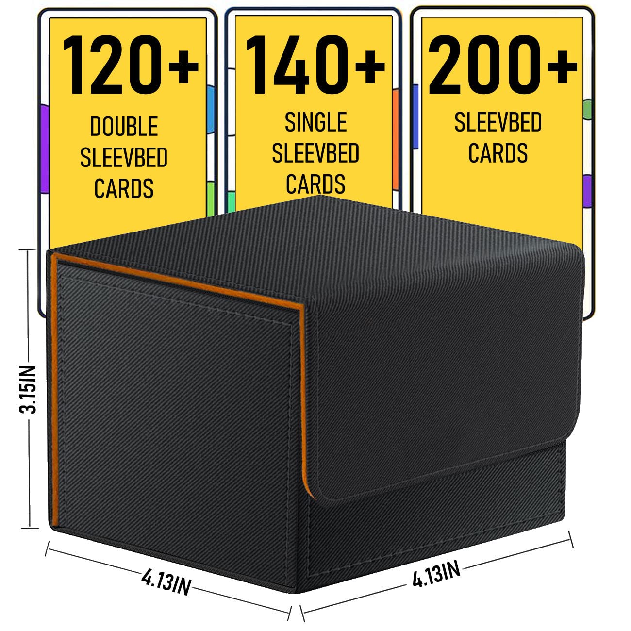Scimi Card Deck Box for 150+ Sleeved Cards - Fits EDH/Commander/Pokemon/MTG/KeyForge/YuGiOh! / TCG/CCG Packed with 100 Pcs Card Sleeves (Black/Orange)