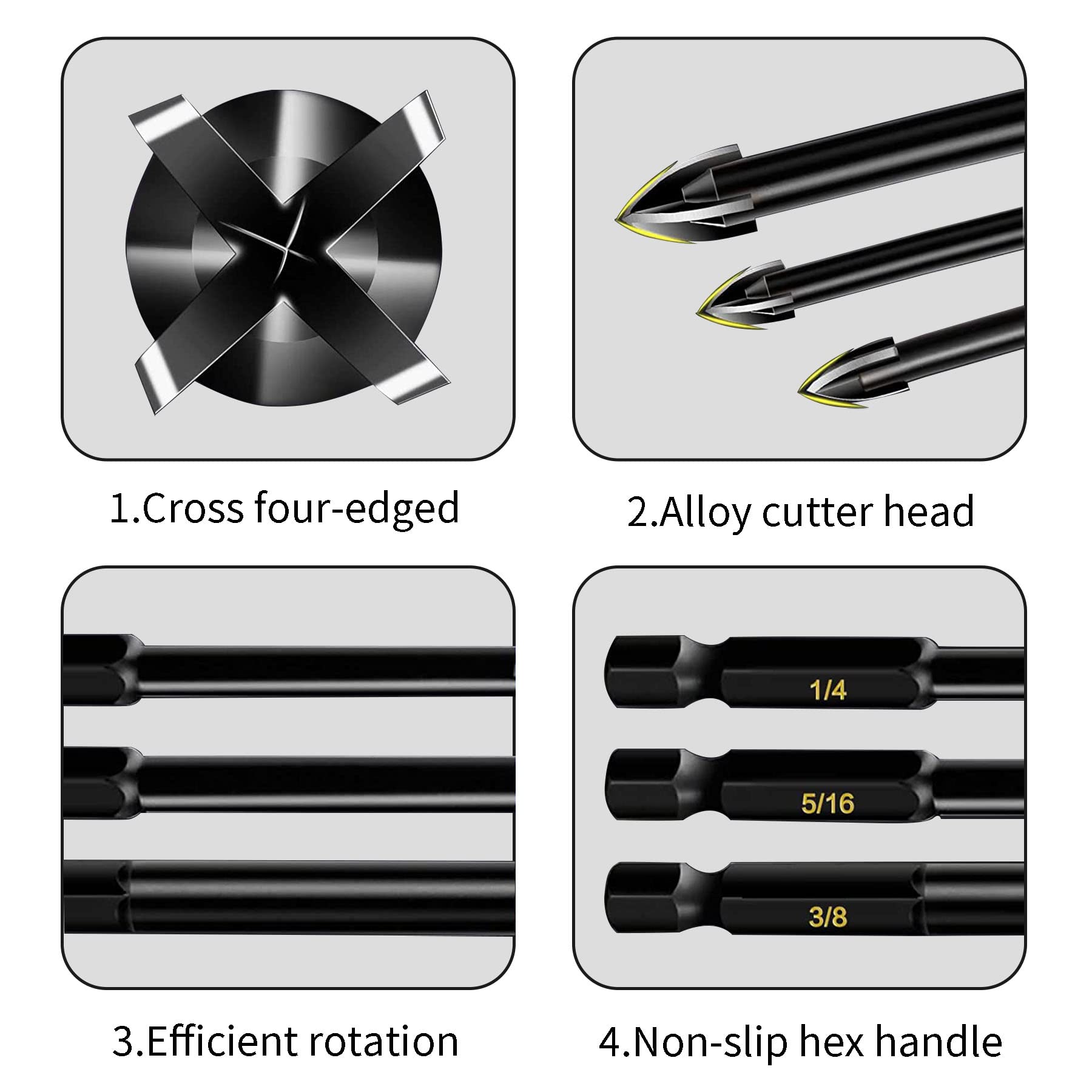 Masonry Drill Bit Set 6 Pcs, Concrete Drill Bit for Glass, Brick, Cement, Concrete, Plastic, Wood, Tile, Industrial Strength Tungsten Carbide Tip, Hexagon Shank, Cross Triangle, 1/4-1/2 inch