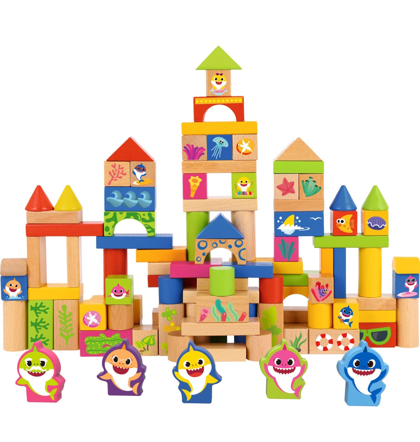 Pidoko Kids Baby Shark Toys - Wooden Blocks 100 Pcs - Includes Storage Container - Building Blocks Set for Toddlers