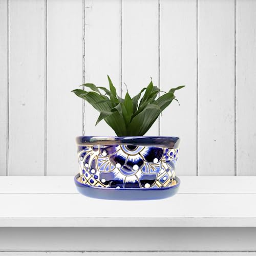 Small Ceramic Pot - Flower Planter with Drainage for Cactus Bonsai Succulents Blue and White Ceramic Pot - Desk Size - Maceta Ceramica Maceta Azul Blanco