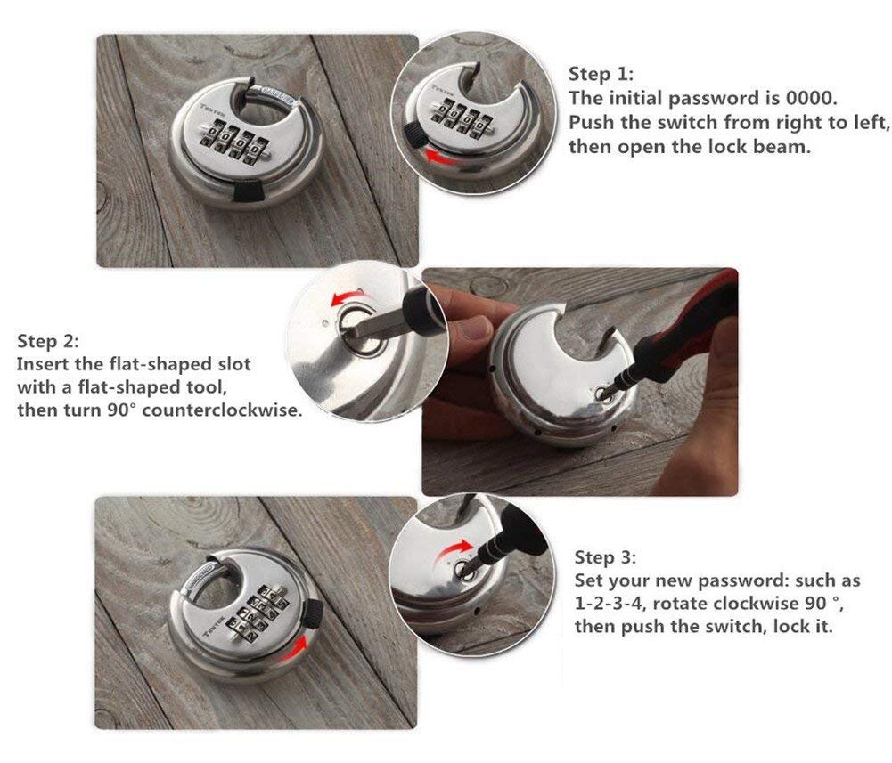 Stainless Steel Discus Padlock 4 Digit (3inch) Combination Lock Outdoor for Warehouse, Sheds, Storage Locker, Units (Silver,1)