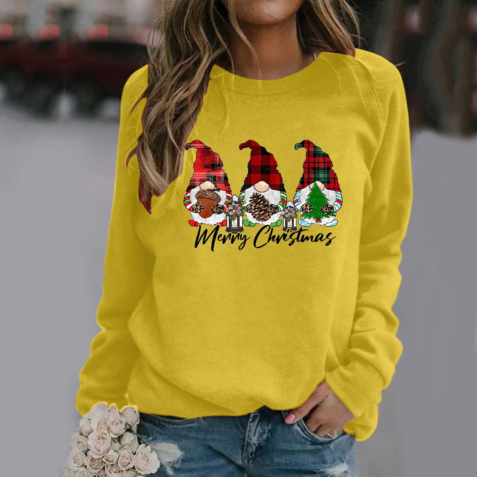 Sweatshirt For Women Graphic Round Neck Pullover Shirts Long Sleeve Sweatshirts Drop Shoulder Pullover Teen Clothes Yellow