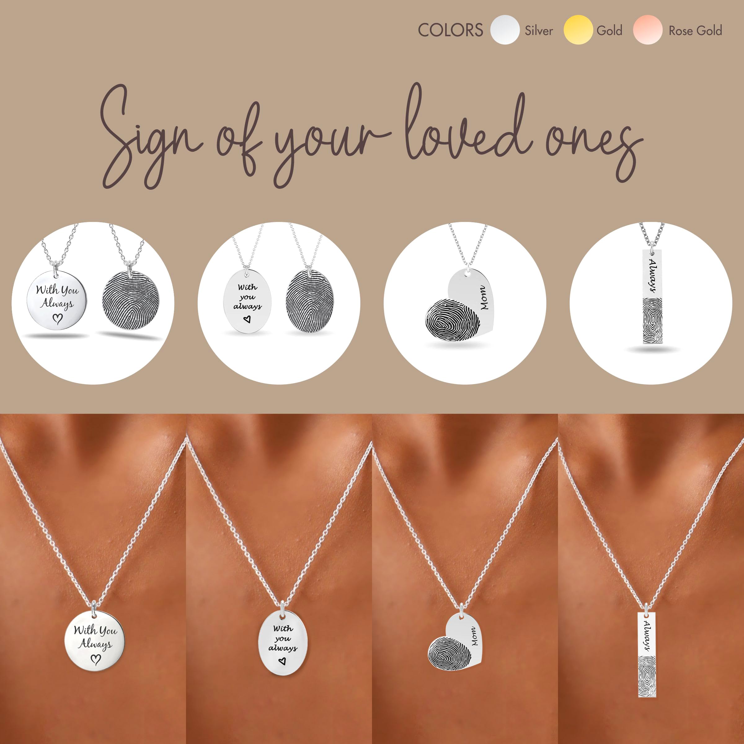 LeCalla Personalized Memorial Thumbprint Necklace Engraved Oval Pendant Custom Message with Fingerprint For Women and Teen Girls
