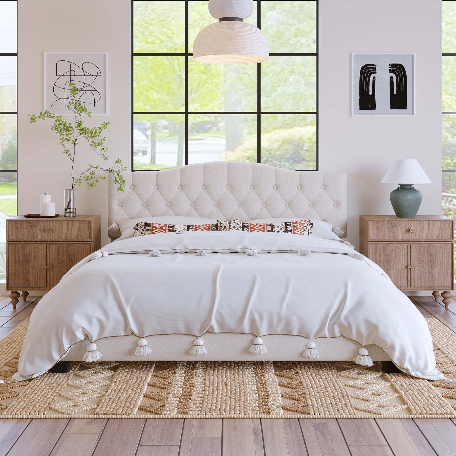 King Size Upholstered Platform Bed Frame with Saddle Curved Headboard and Diamond Tufted Details, Wooden Slats Support, No Box Spring Needed, Under Bed Storage (King)