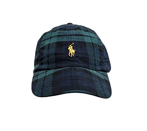 POLO RALPH LAUREN Men`s Embroidered Chino Baseball Cap with Leather Strap (Green Plaid (Gold Pony, One Size))