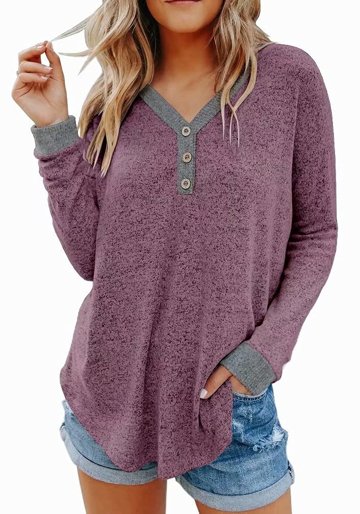 Lacozy Womens Plus Size Ribbed Knit Sweatshirts V Neck Button Sweaters Long Sleeve Color Block Shirts Burgundy Small