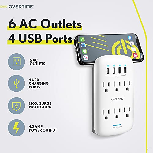 USB Wall Charger with Apple MFi Certified 4ft Lightning Cable, Surge Protector Outlet Socket Extender Shelf 6 Outlet 4 USB Ports Charging Station for iPhone, iPad, Home, School, Office, ETL Certified
