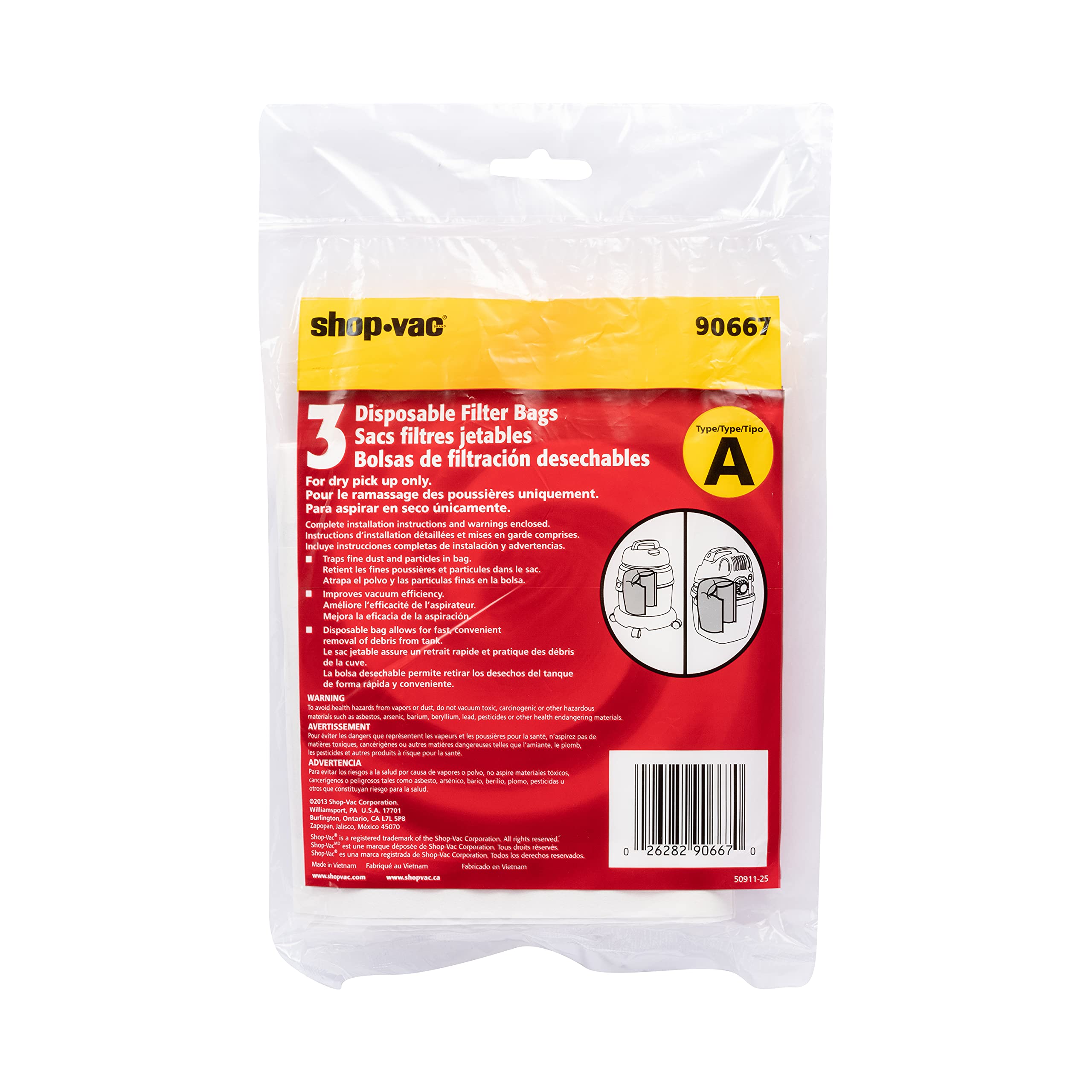Shop-Vac 2021005, Micro Wet Dry Vacuum, 1 Gallon, 1.25 in Diameter x 4 Ft Hose, 50 CFM, (1 Pack) & 9066700 Genuine 1.5 Gallon All Around Collection Bag, Vacuum Collection Bags, (3 Pack)