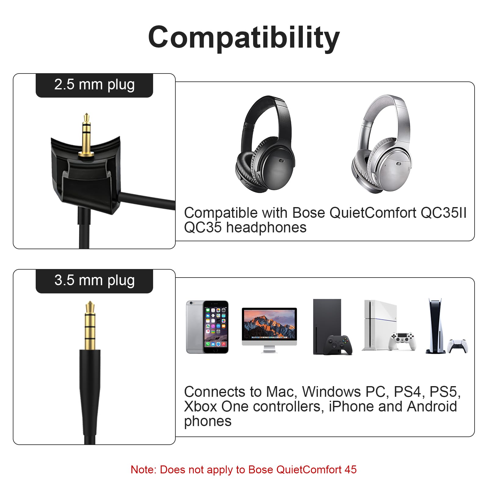 QC35 Boom Mic Cable with 3.5mm Splitter adapter Compatible with Bose QuietComfort 35 II (QC35 II) & QuietComfort 35 (QC35) Headphones, Boom Microphone Cable for PC, Laptop, PS4, PS5, Xbox One, 4ft