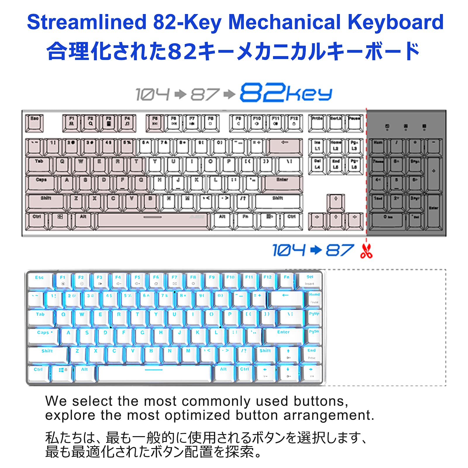 Lomiluskr AK33 Wired Mechanical Keyboard, 82-Keys Compact Mechanical Gaming Keyboard with Anti-ghosting Keys, Small and Portable (Black Switch/Blue Backlight, White)