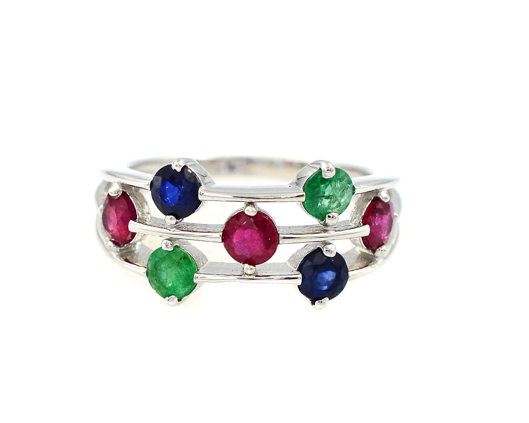 Natural Ruby Emerald Sapphire Mix Gemstone 4 MM Round Cut 925 Sterling Silver Cluster Unisex Proposal Ring For Christmas Gift (Rhodium Plated Silver, 11)