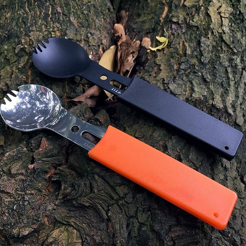 Multi-Function Portable Camping Tool,Stainless Steel Fork Spoon Knife Combo Utensil with Bottle Opener/Emergency Whistle/Saw Tooth Blade/Rope, Survival Multitool for Hiking/Hunting (Black-Black)