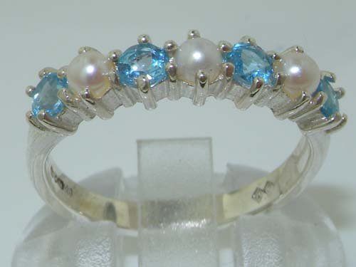 LetsBuyGold 925 Sterling Silver Cultured Pearl & Blue Topaz Womans Eternity Band Ring - Size 10