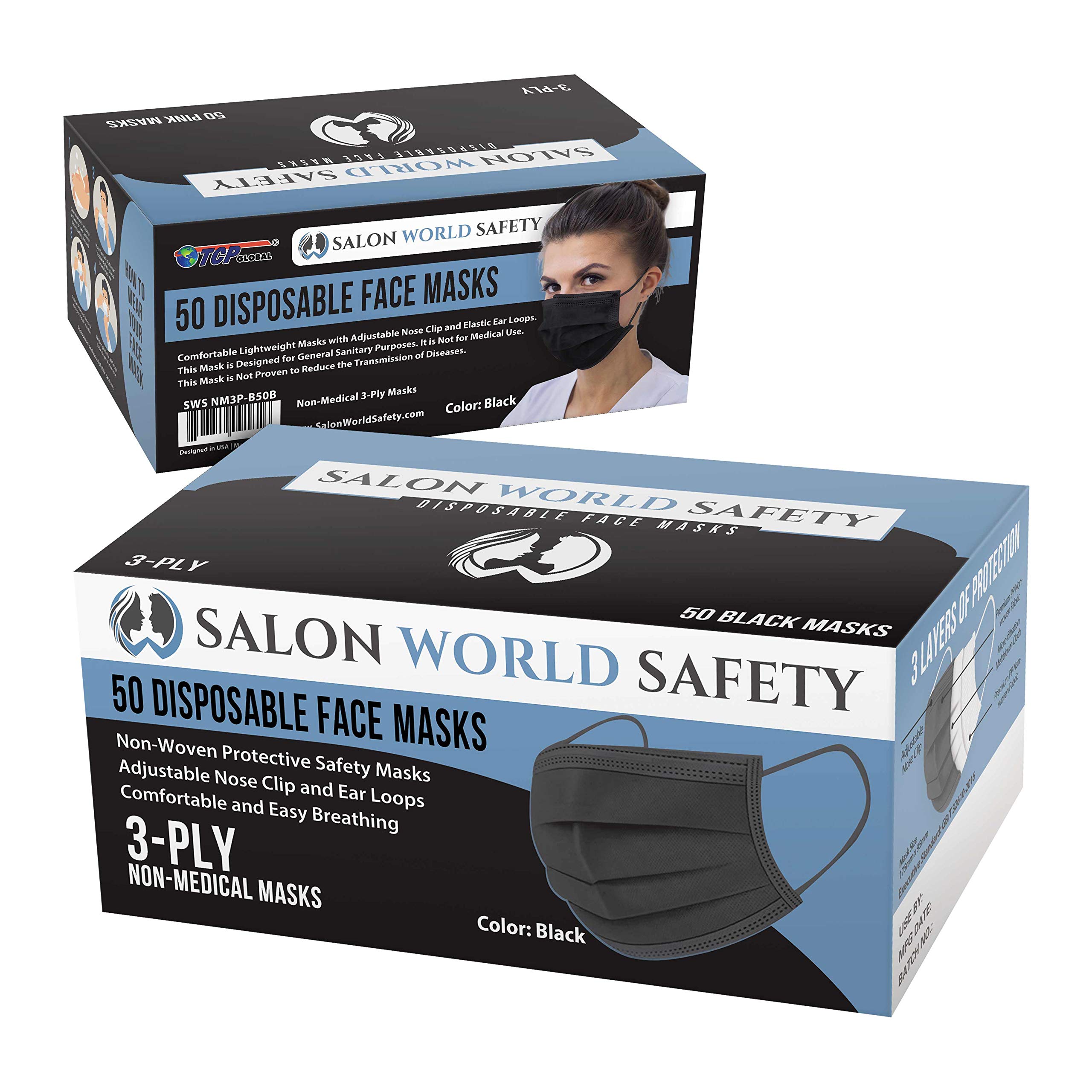 TCP Global Salon World Safety - Sealed Dispenser Box of 50 Black Face Masks Breathable Disposable 3-Ply Protective PPE with Nose Clip and Ear Loops