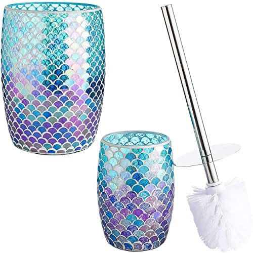 WHOLE HOUSEWARES | Bathroom Wastebasket | Mermaid Glass Mosaic Decoration and Bathroom Accessories Toilet Brush Set - Blue Toilet Bowl Brush and Holder (Fan Shape)