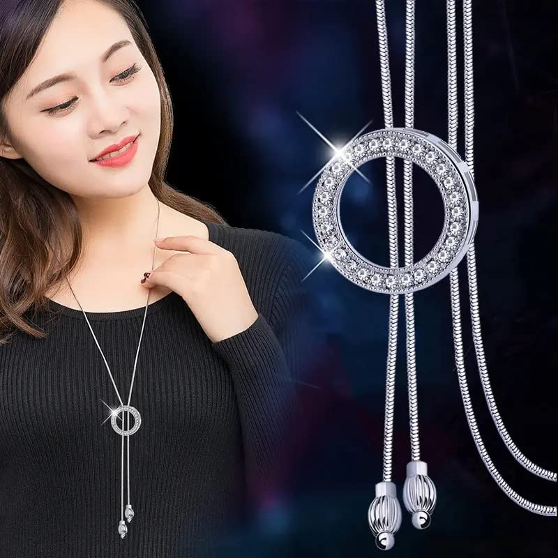 SHERRY'S JEWELS LLC Circle Sparkling Cubic Zirconia Long Pendant Silver Sweater Chain Statement Necklace for Women