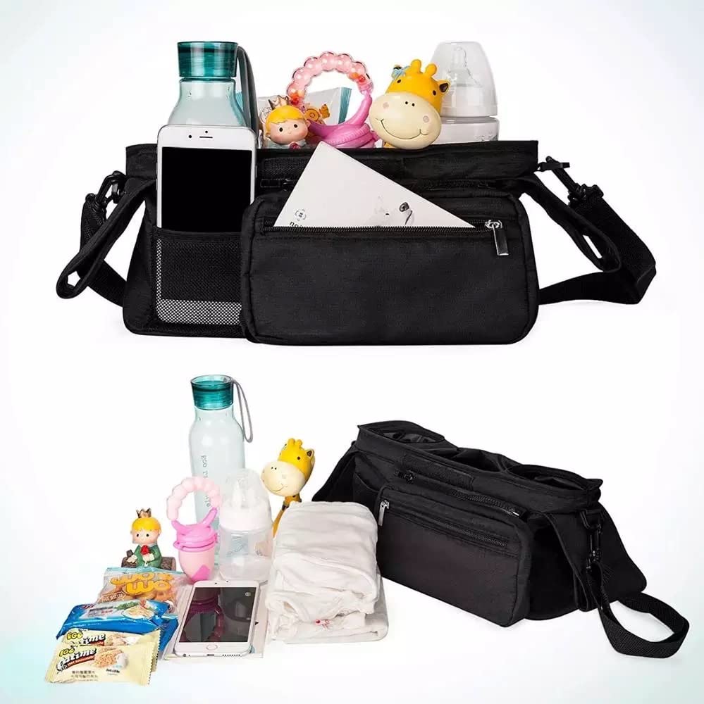 Universal Baby Stroller Organizer with Diaper Storage, Insulated Cup Holders, Secure Straps, Detachable Bag, Pockets for Toys, Phone and Keys for Parents. Non-Slip Design, Fit All Strollers.