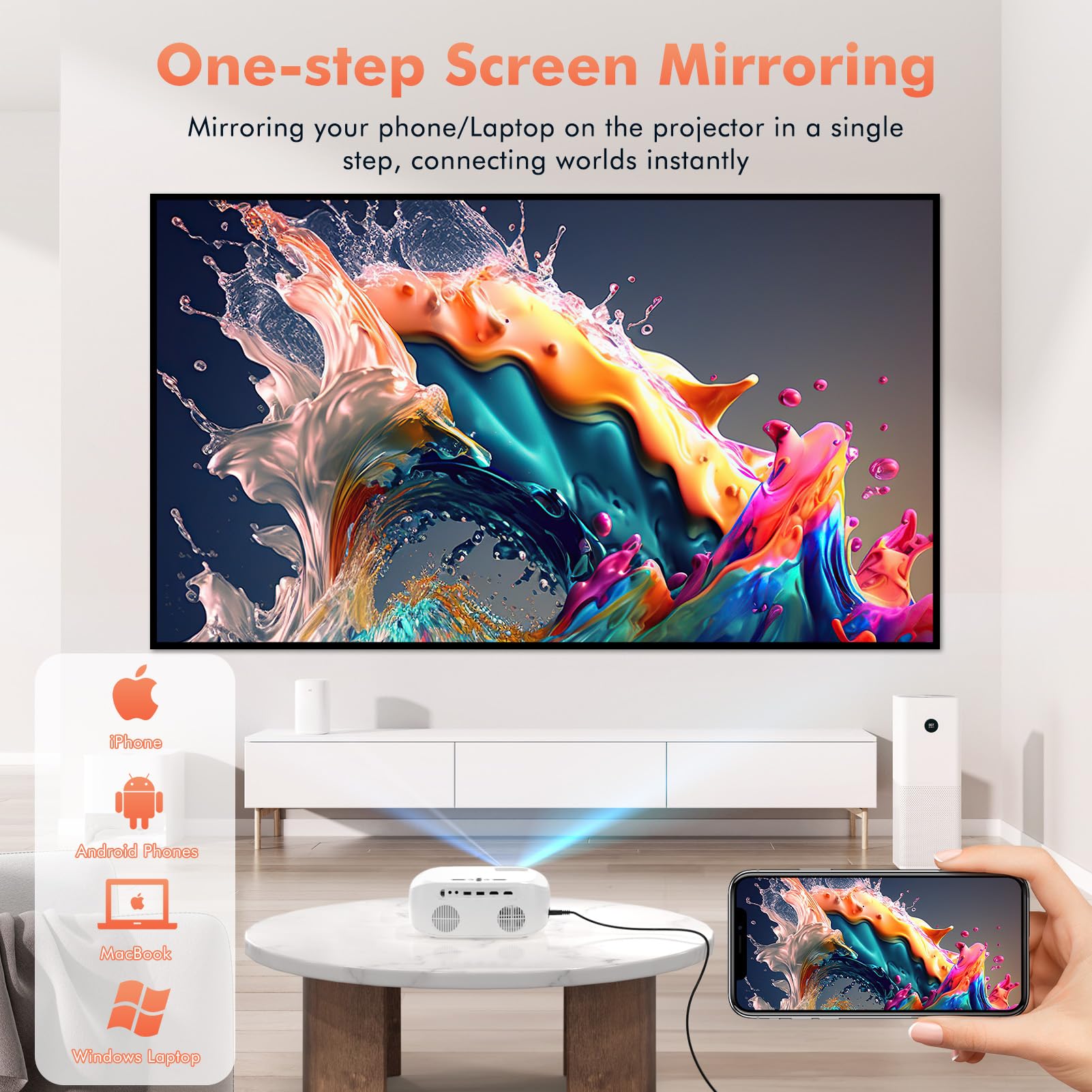HOWWOO 4K Projector with WiFi and Bluetooth, One-step Mirroring Portable Projector for Phone, Native 1080P Mini Projector with 100" Outdoor Projector Screen, Compatible with Phone/Laptop/TV Stick/PS5