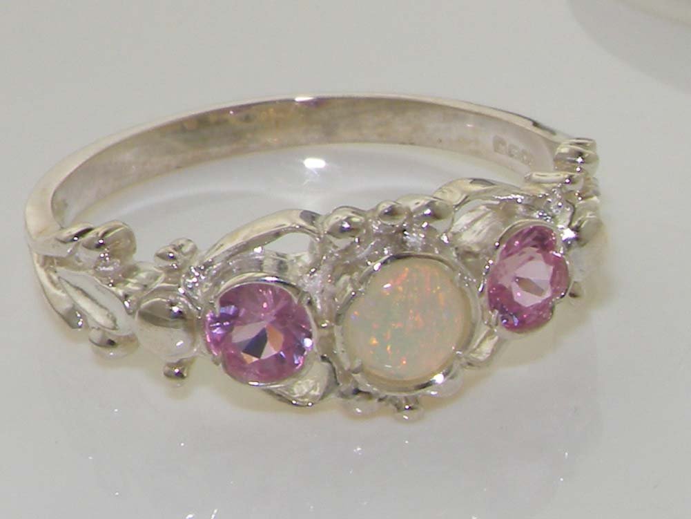 LetsBuyGold 925 Sterling Silver Real Genuine Opal and Pink Tourmaline Womens Trilogy Engagement Ring - Size 6