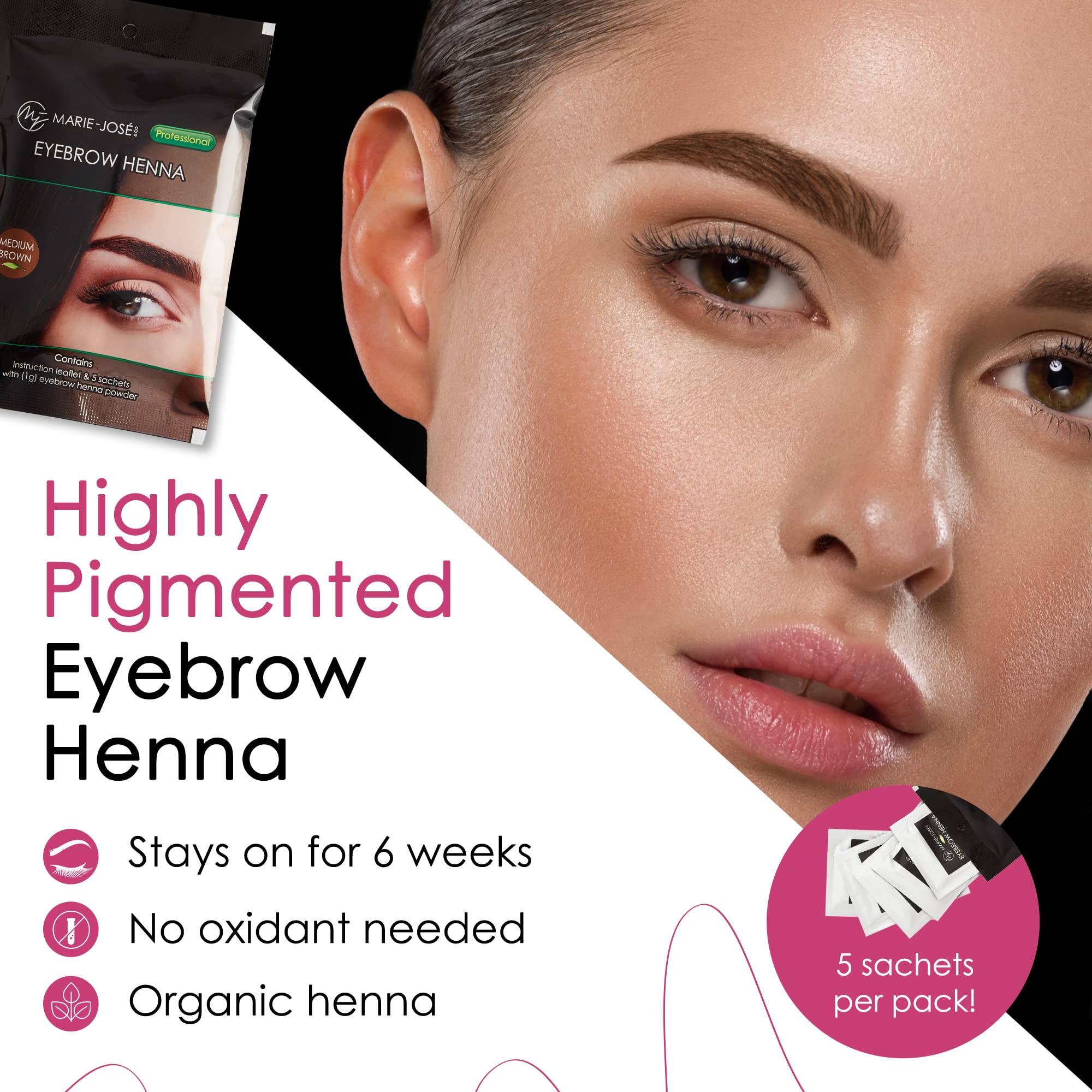 Marie-José & Co Henna Eyebrow Tint Medium Brown Dye, Eyebrow for Spot Coloring, Long-Lasting Eyebrow Powder, Water & Smudge Proof, 5 Sachets, Good for 50 Applications