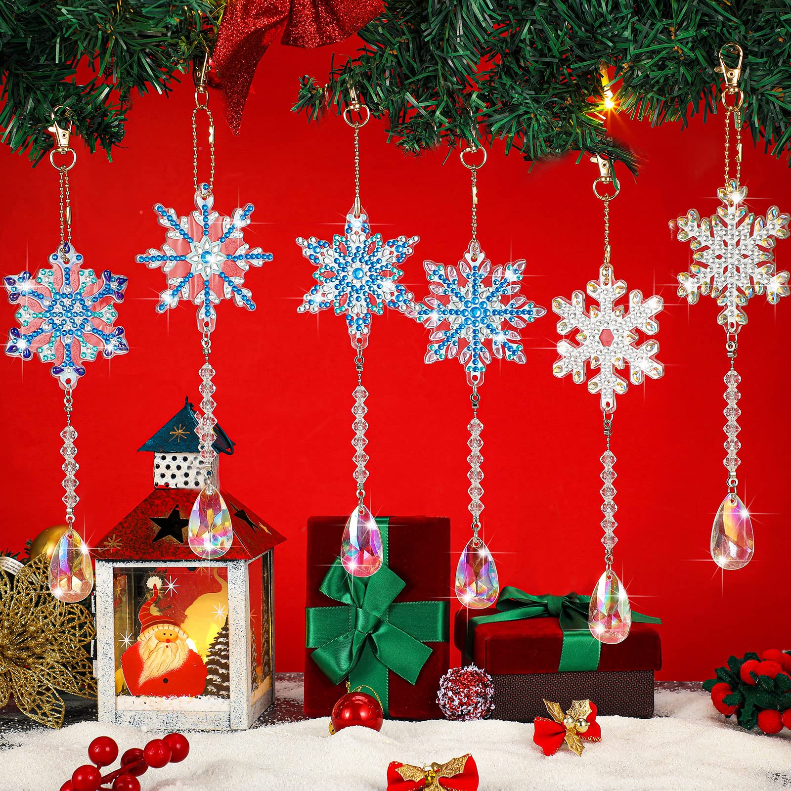 Perthlin 6 Pieces Winter Snowflake Diamond Art Kits Double Sided Diamond Art Suncatchers Wind Chimes Hanging Diamond Art Ornaments Accessories for Kids DIY Crafts Christmas Home Windows Decoration