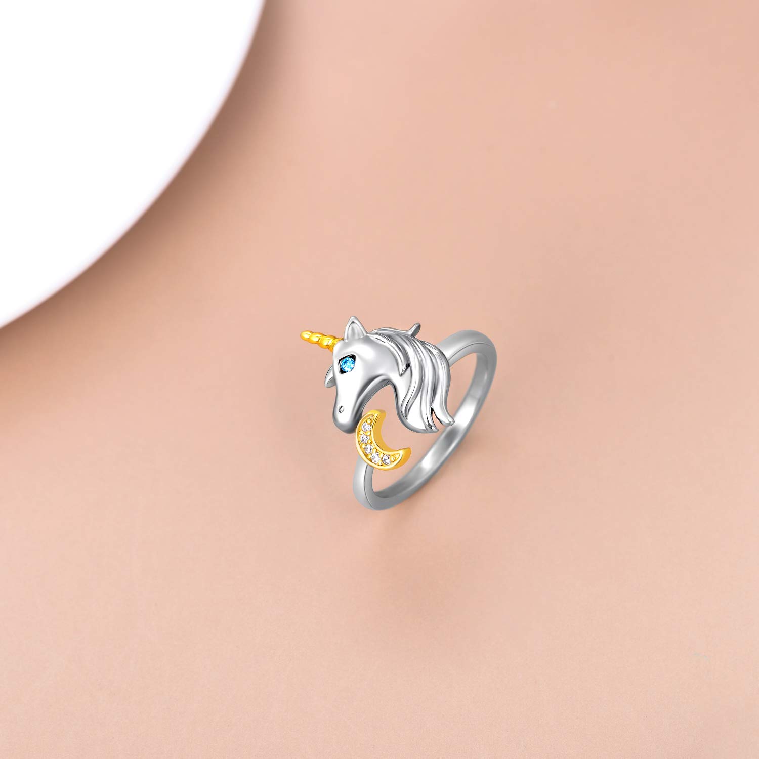 LONAGO Unicorn Ring with Moon Sterling Silver Unicorn Stacking Ring for Women (silver, 7)