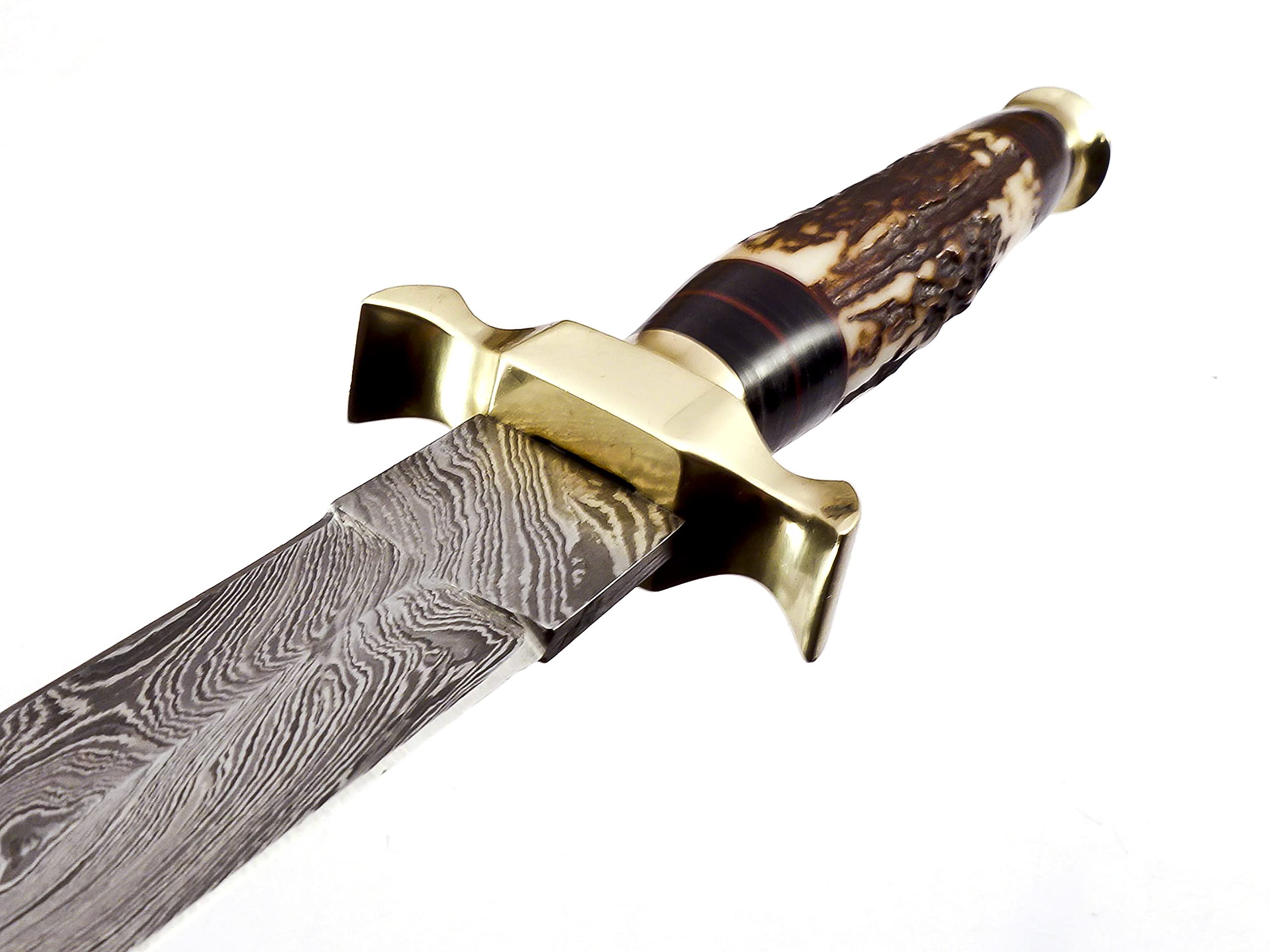 Mid American Cutlery Damascus Steel Fixed Blade Knife With Stag Antler Brass Pommel And Guard