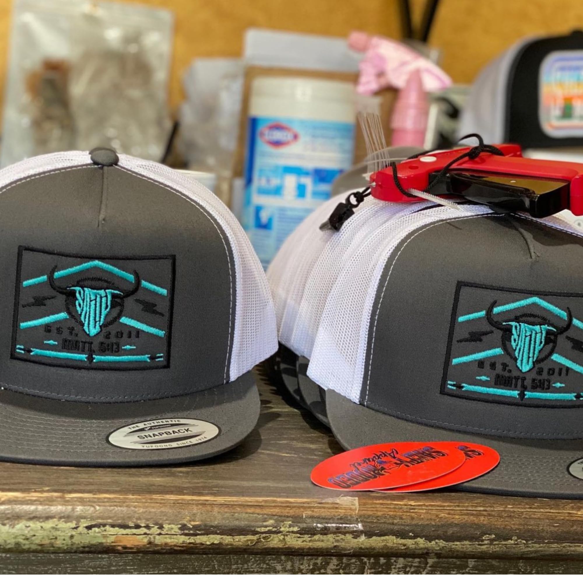 Salty Rodeo Turquoise Lightning Hat - Tall Crown Grey Yupoong Snapback Western Wear Snapback - One Size Fits Most