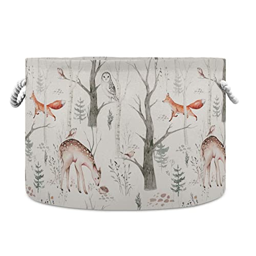Watercolor Woodland Animals Owl Fox Pattern Baskets for Storage with Handle Foldable Large Dog Toy Storage Bin for Bathroom Farmhouse Study Organizing 14 x 20 Inch