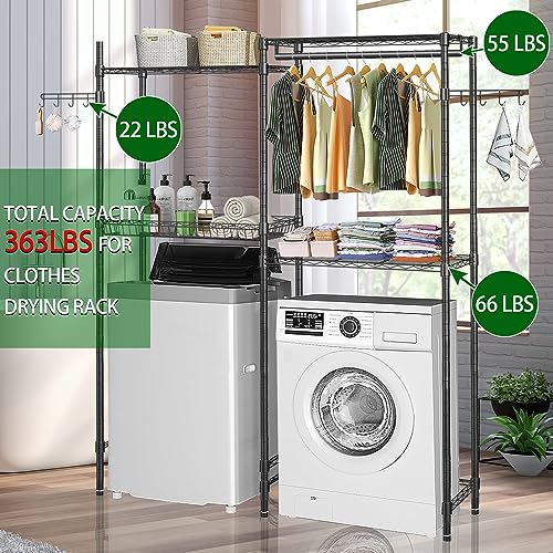 YEPOTUE Clothes Drying Rack, 4 Tiers Laundry Room Organization and Storage with Adjustable Shelves, Heavy-Duty Over Washer and Dryer Shelves Space Saver Closet Rack Towel Storage Black