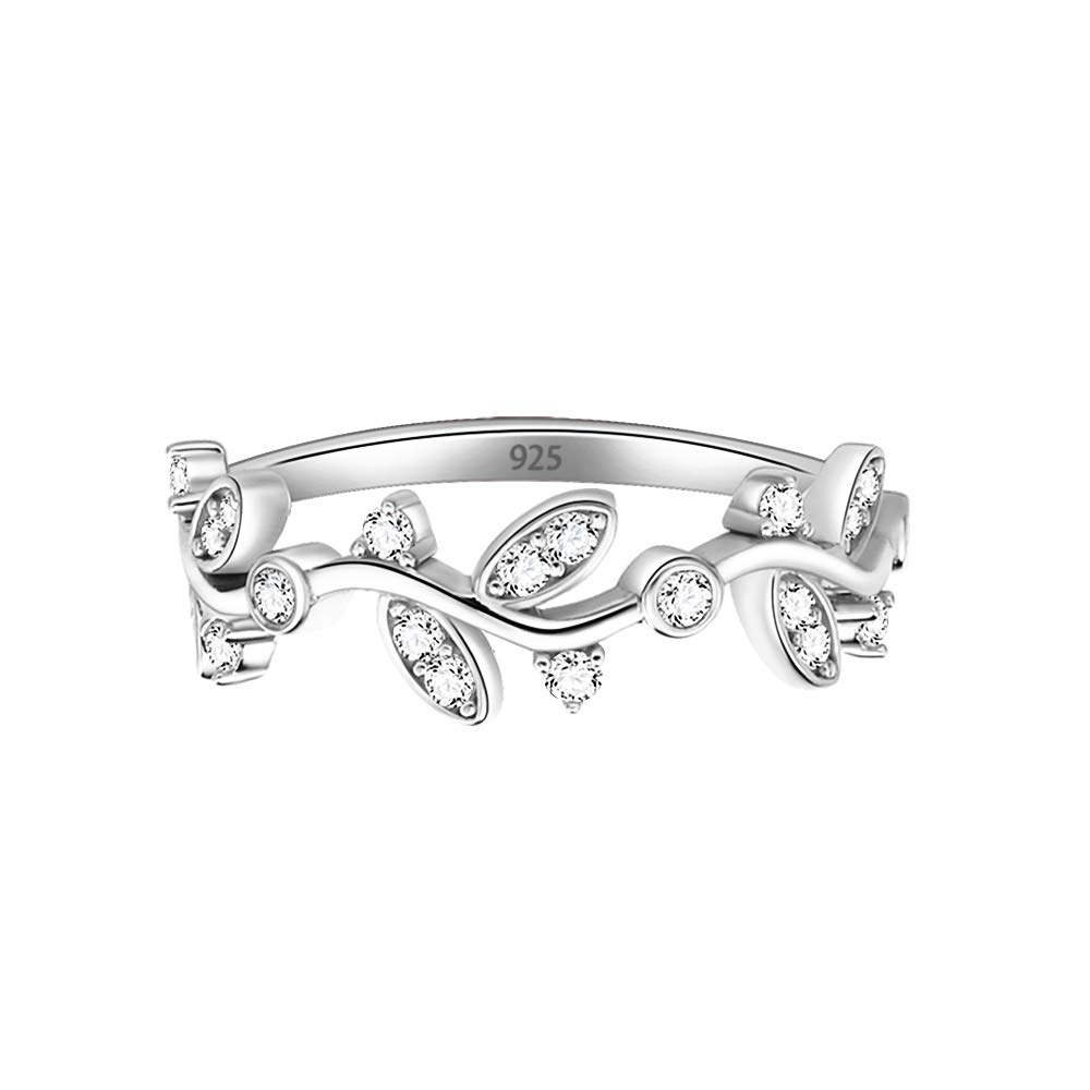 Lavencious Sterling Silver Curved Olive Branch with Clear CZ Stones Wedding Band Promise Ring for Women Size 5-10 (Silver, 8)