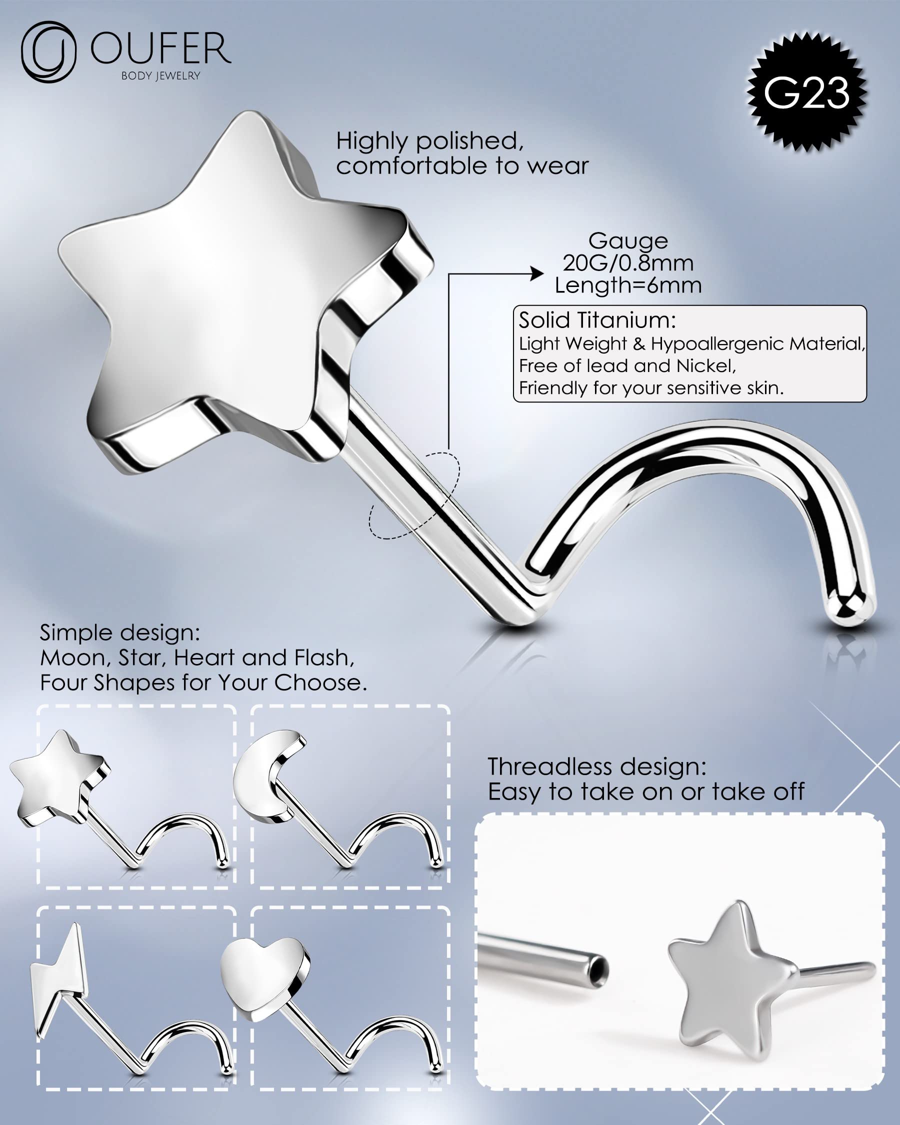 OUFER 20G Nose Studs, G23 Solid Titanium Nose Screw Studs, Star Designed Push-In Nose Rings, Nostril Piercing Jewelry for Women And Men-Star