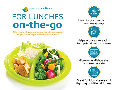 Precise Portions Portion Control Plate - Pack of four (4) 9 INCH 3-Section BPA-Free Nutrition Guidance Plates - with 4 Snap-Tight Vented Lids- for Weight Loss Store
